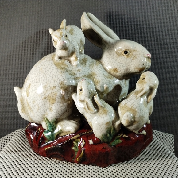 Art | Vintage Chinese Shiwan Ware Rabbit Baby Bunnies Crackle Glazed ...
